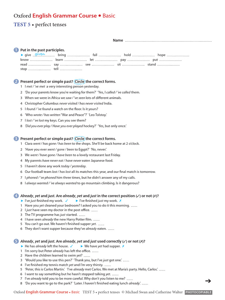 Basic Test 05 Perfect Tenses | PDF