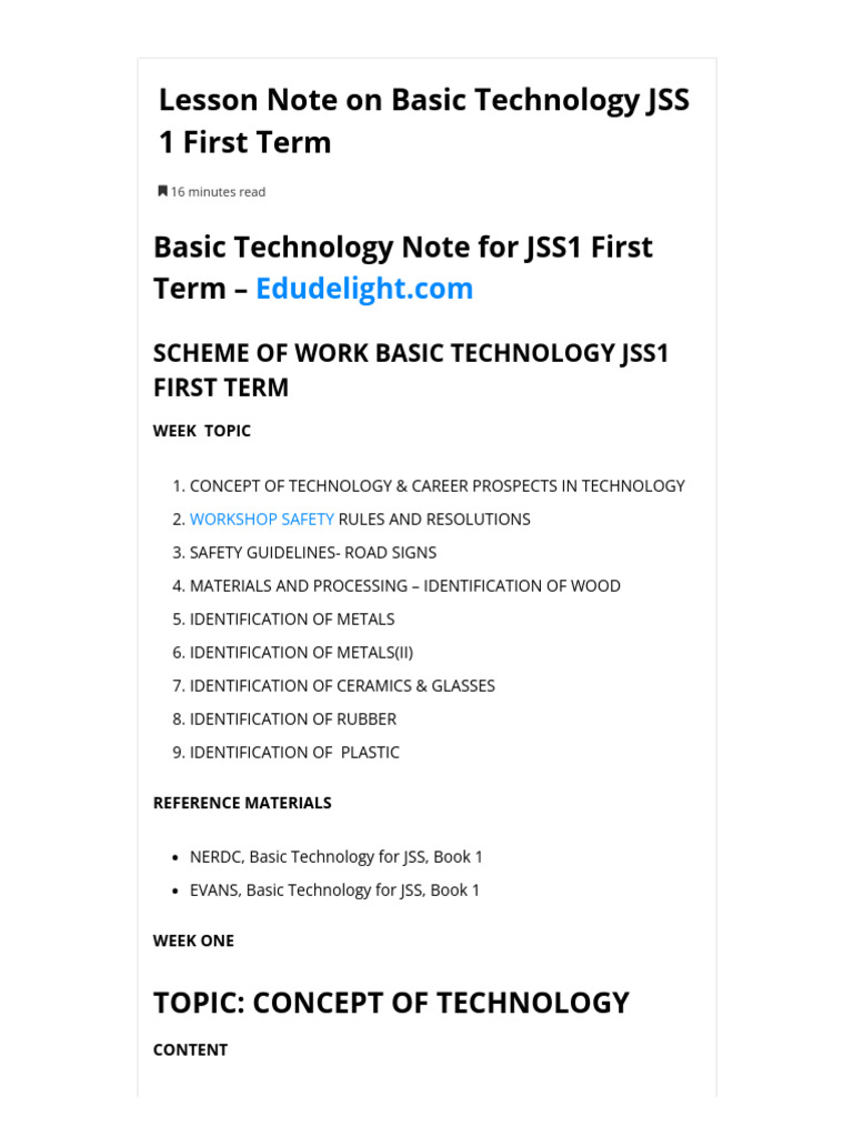 Lesson Note On Basic Technology JSS 1 First Term | PDF | Glasses | Metals