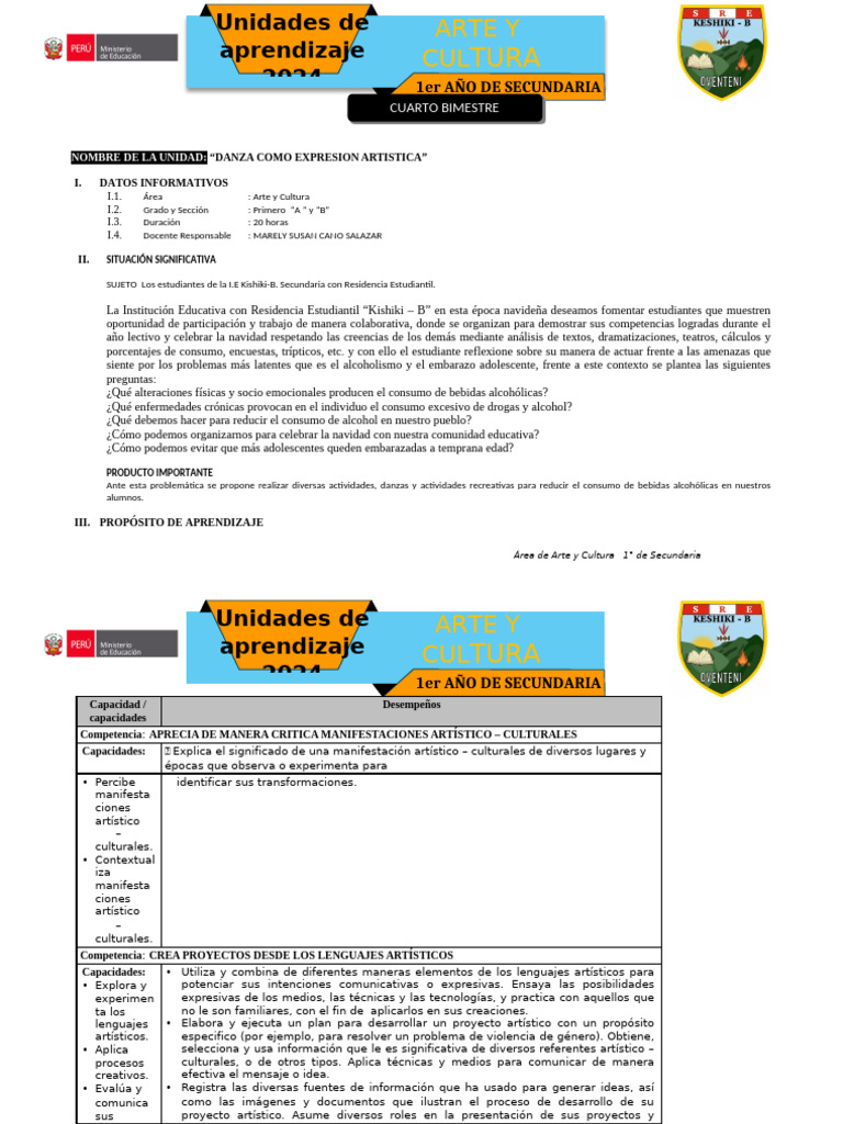 Programacion 4to Bimestre Arte y Cultura - 1er Grado A y B | PDF