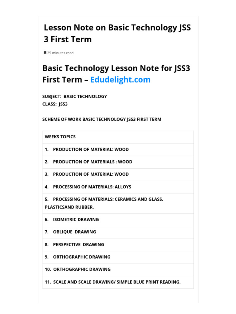 Lesson Note On Basic Technology JSS 3 First Term | PDF | Alloy | Lumber