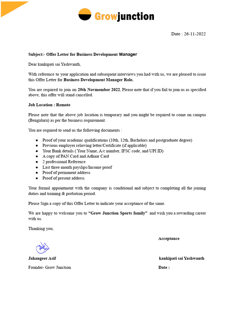 Offer Letter: Business Dev. Manager | PDF | Salary | Government Finances