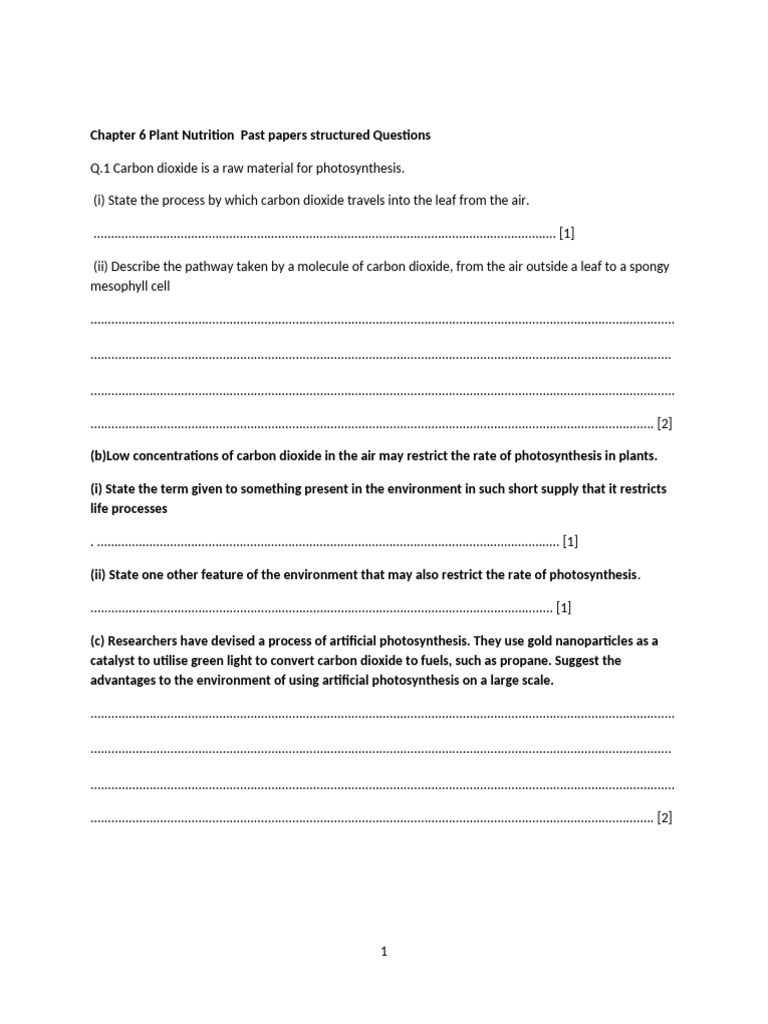 Chapter 6 Plant Nutrition IGCSE BIOLOGY THEORY SHEET | PDF ...
