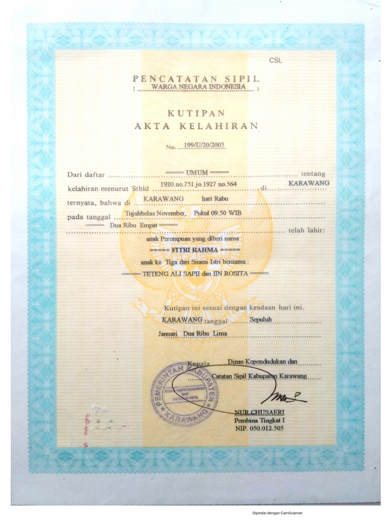 FITRI RAHMA_XII IPA 5_AKTA KELAHIRAN - Halaman 1 | PDF FITRI RAHMA_XII IPA 5_AKTA KELAHIRAN - Halaman 1 | PDF
