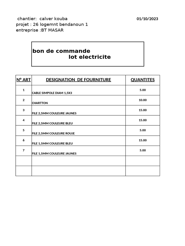 Bon de Commande Electricite | PDF