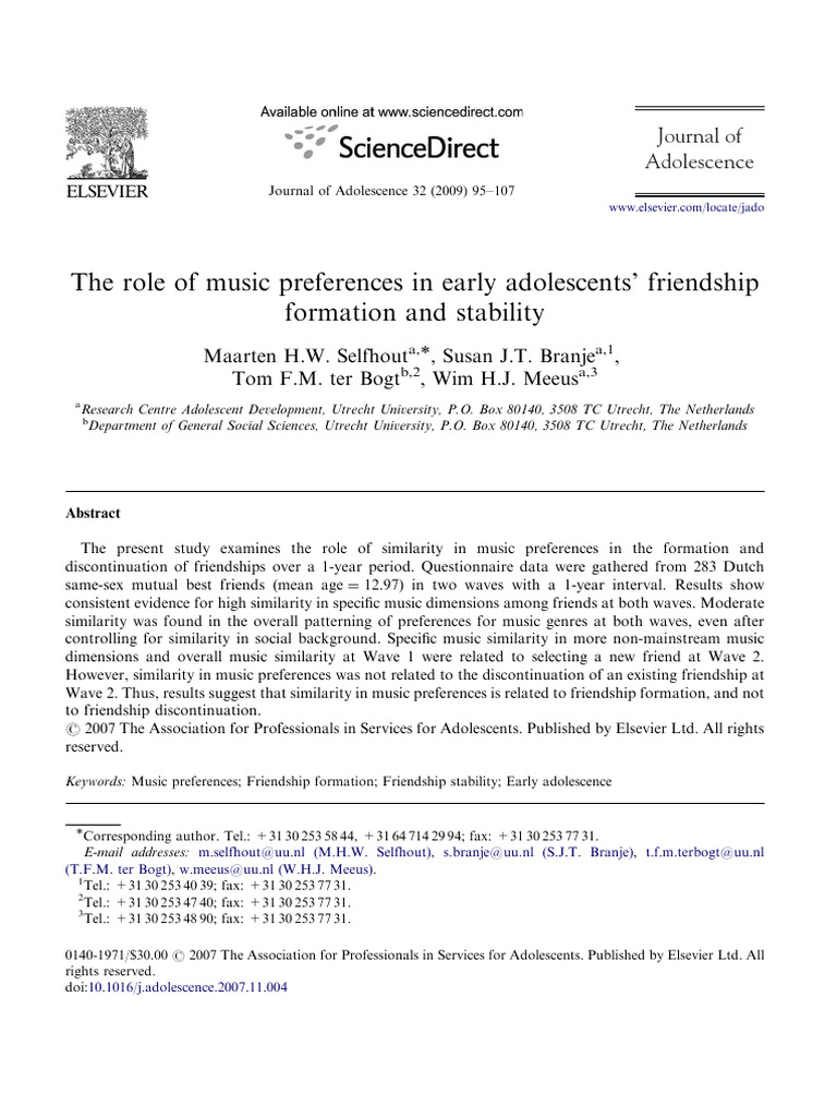 The Role of Music Preferences in Early A | PDF | Friendship | Adolescence