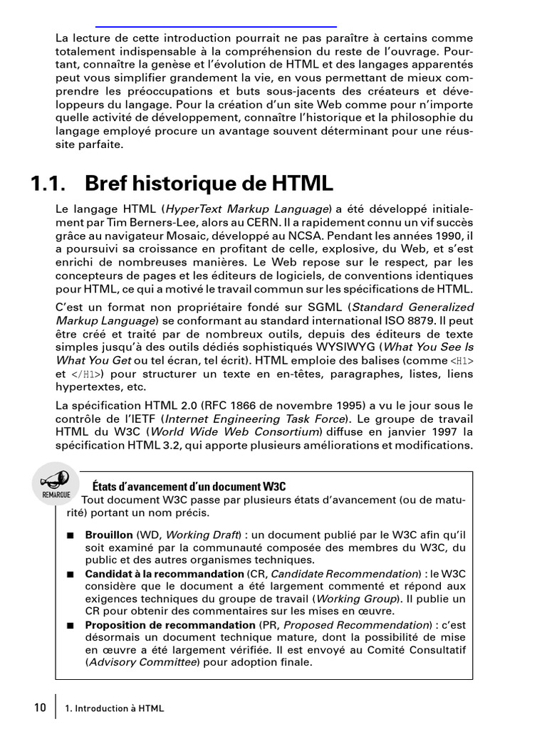 1.1. Bref Historique de HTML: Hypertext Markup Language | PDF