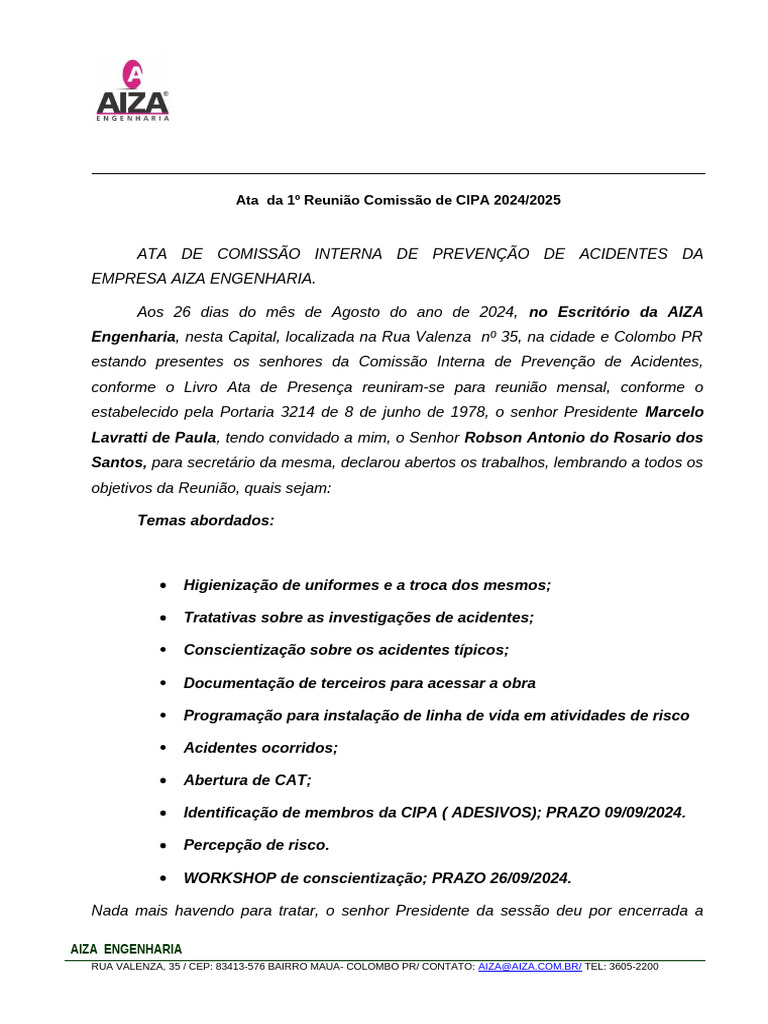 Ata Da 1º Reunião Da CIPA AIZA | PDF