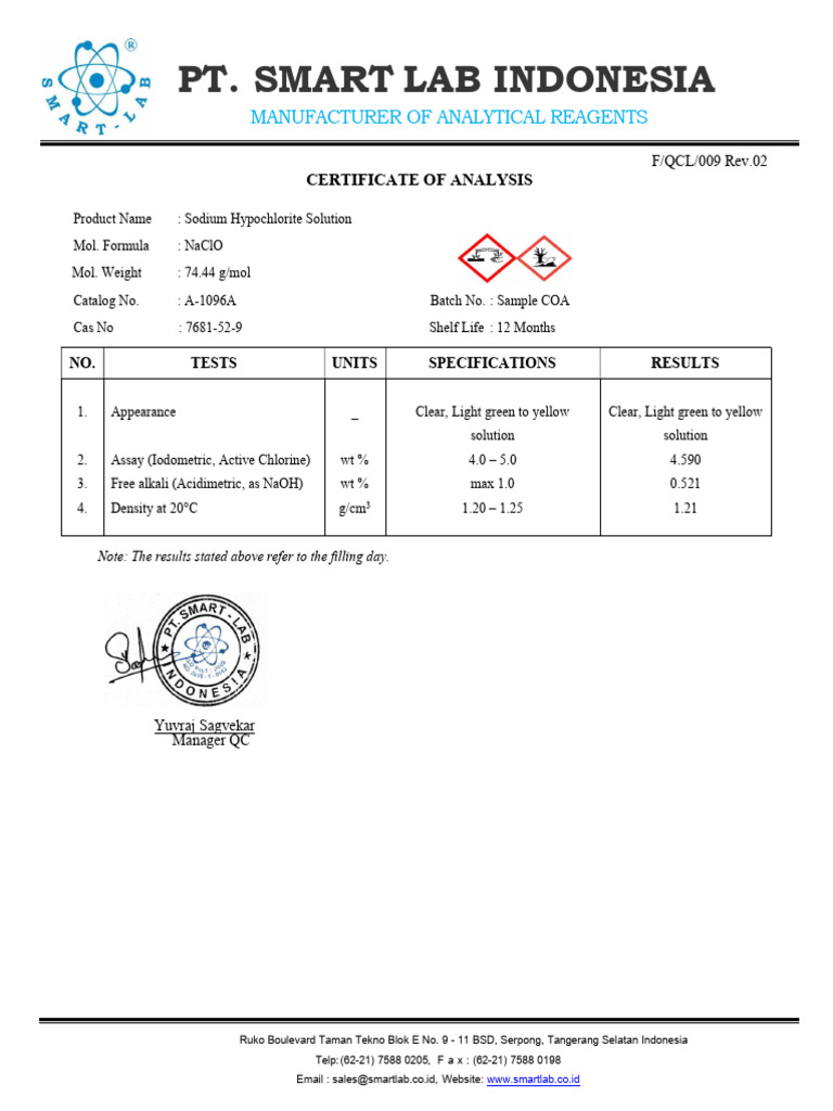 Sample COA - Sodium Hypochlorite Solution | PDF | Technology & Engineering