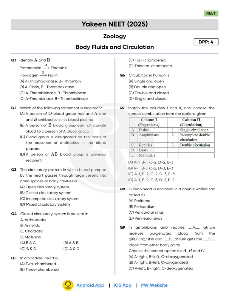 Body Fluids and Circulation DPP 04 Yakeen NEET 2025 - by | PDF