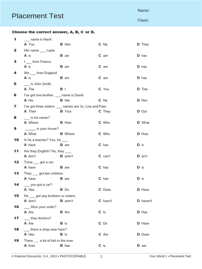 YourWorld 1 Tests Placement Test | PDF