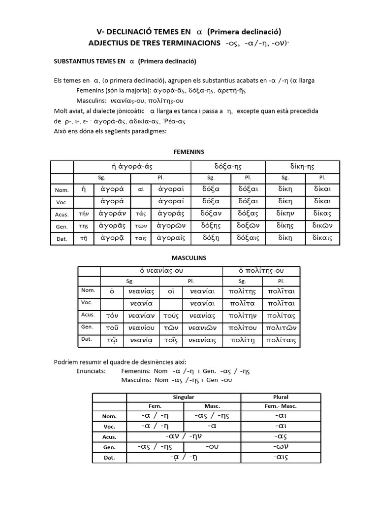 Tema5-1a Declin Adjectius 1a Classe8 | PDF