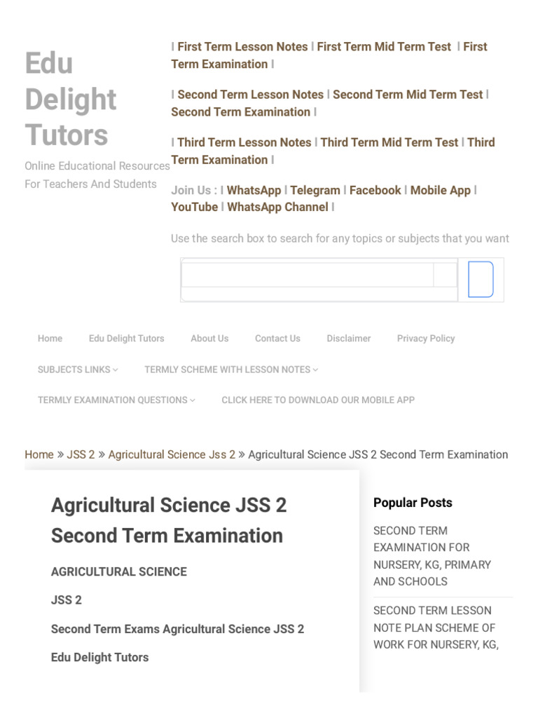 Agricultural Science JSS 2 Second Term Examination - Edu Delight Tutors | PDF | Rock (Geology ...