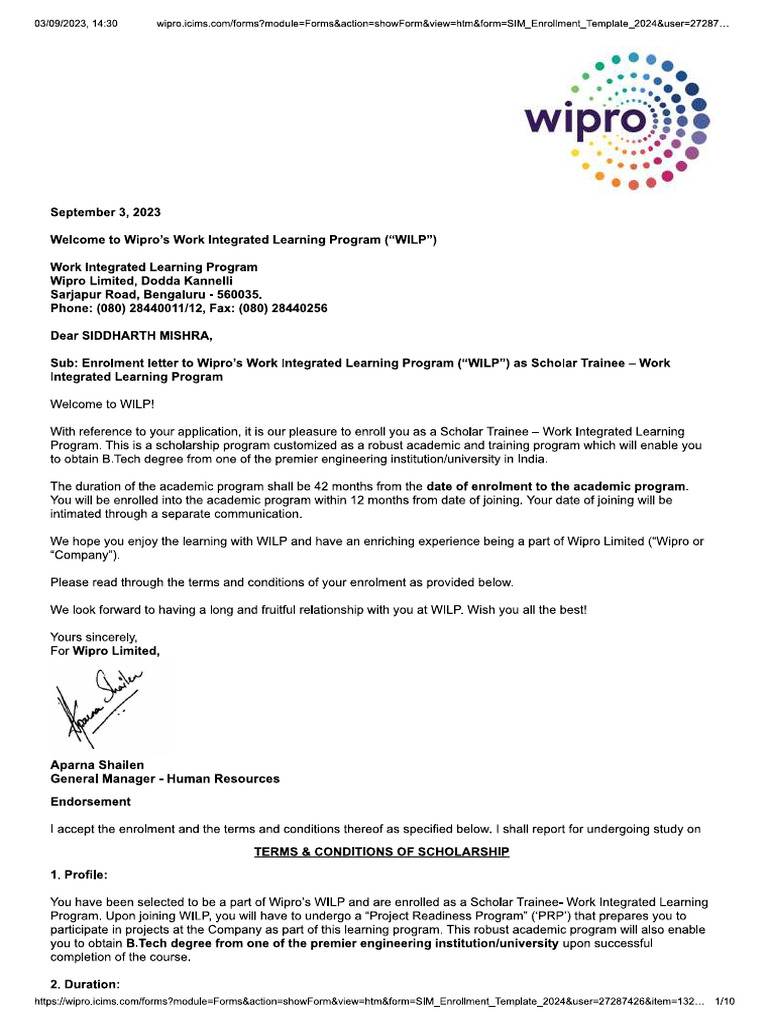 Wipro - WILP Offer Letter | PDF