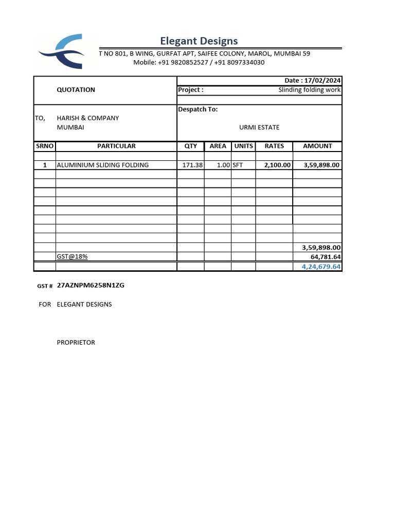 Aluminium Sliding Folding Quotation | PDF