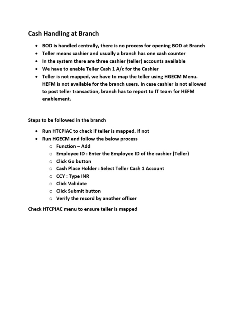 Branch Cash Handling Procedures Guide | PDF | Cashier | Cash