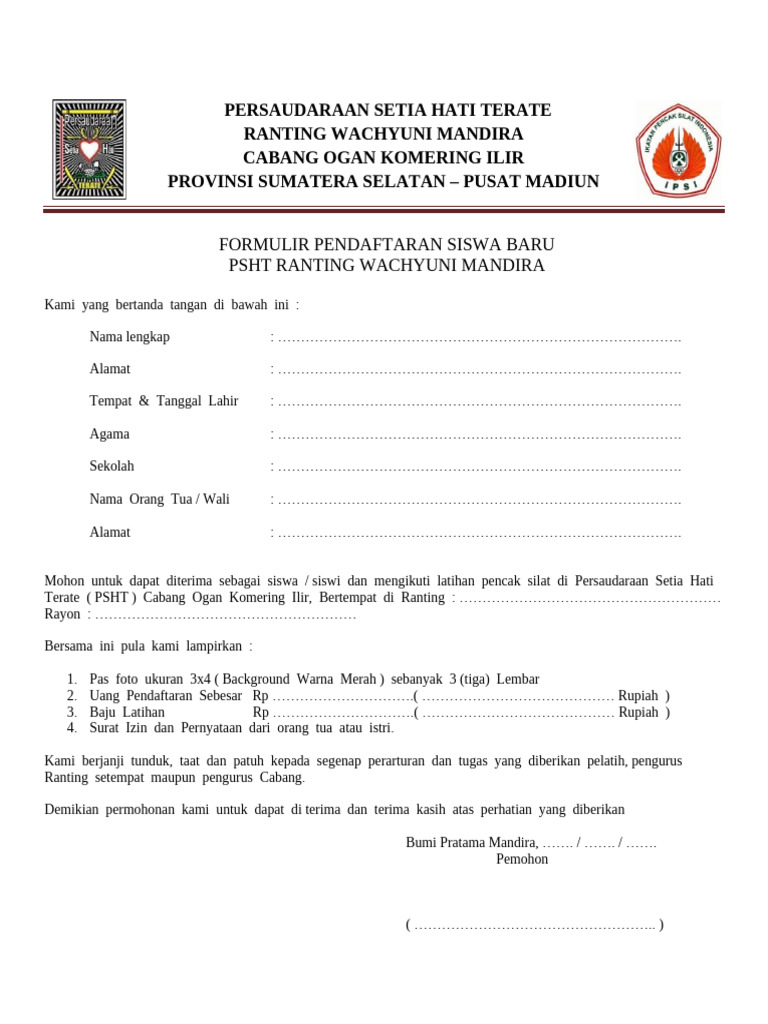 Formulir Pendaftaran PSHT | PDF