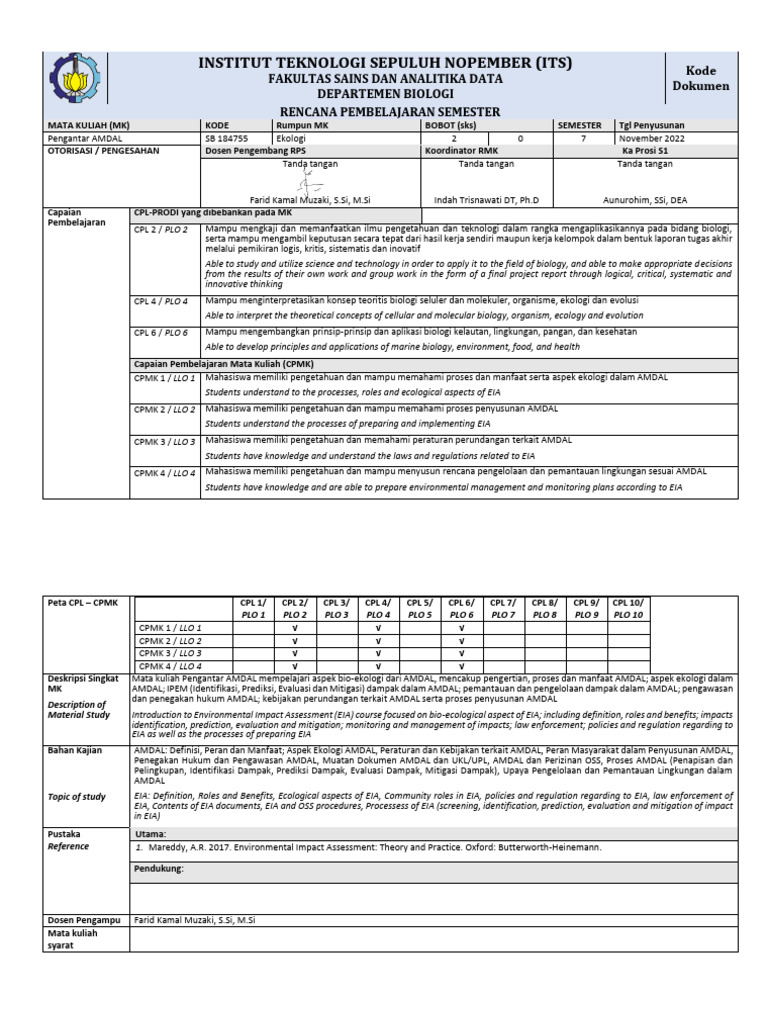 RPS Pengantar AMDAL - FKM | PDF
