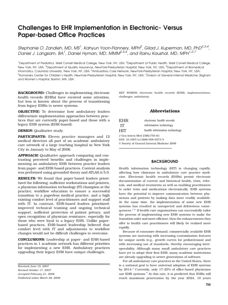 Challenges To EHR Implementation in Electronic - Versus Paper-Based ...