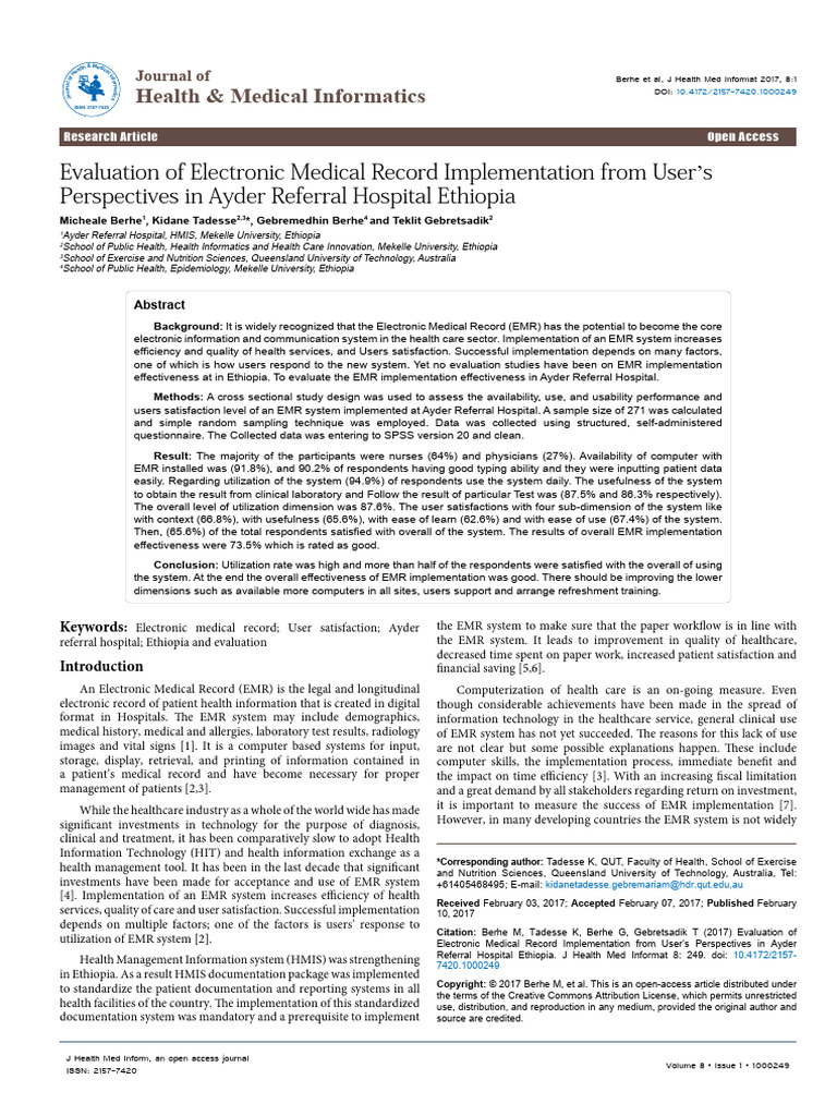 Evaluation of Electronic Medical Record Implementation From 2z8mvg6fue ...