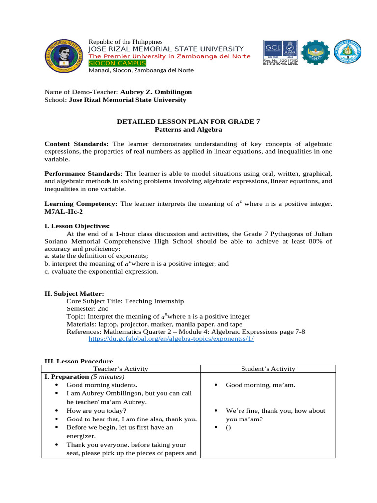 Lesson Plan - Exponent | PDF
