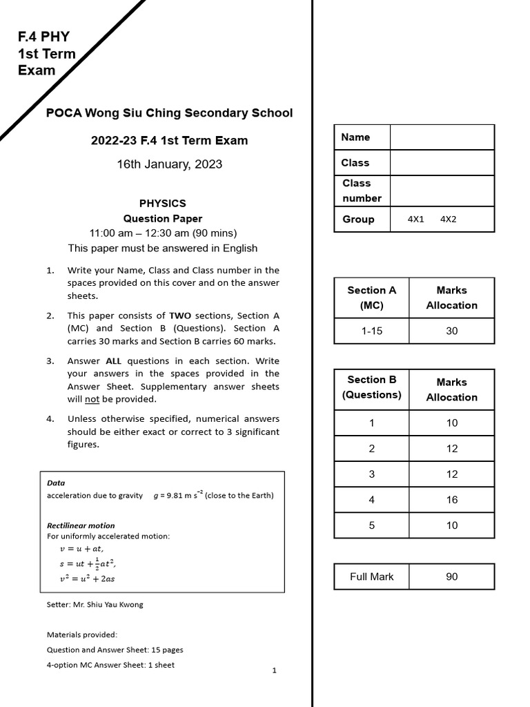 22 E1 F4 PHY 1 QP Not Finished | PDF