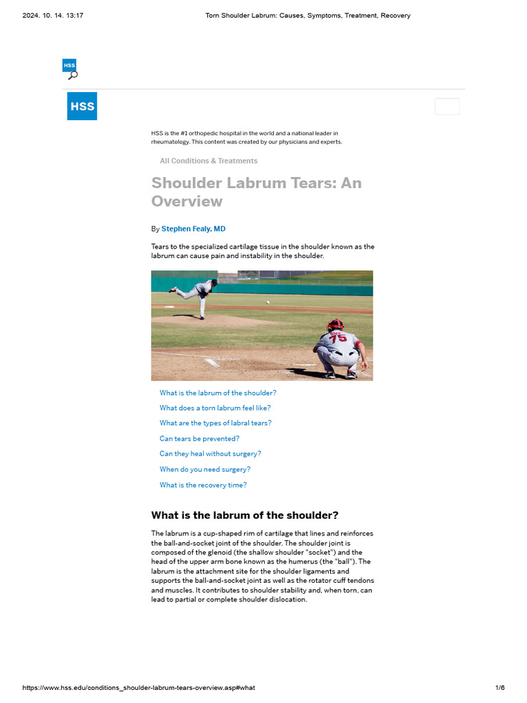 Torn Shoulder Labrum - Causes, Symptoms, Treatment, Recovery | PDF