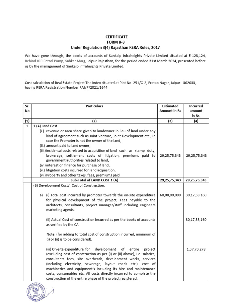 Certificate Form R-3 Under Regulation 3 (4) Rajasthan RERA Rules, 2017 ...