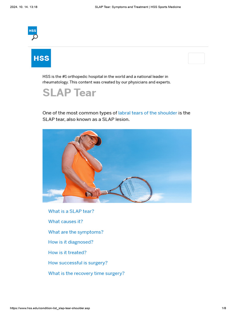 SLAP Tear - Symptoms and Treatment - HSS Sports Medicine | PDF