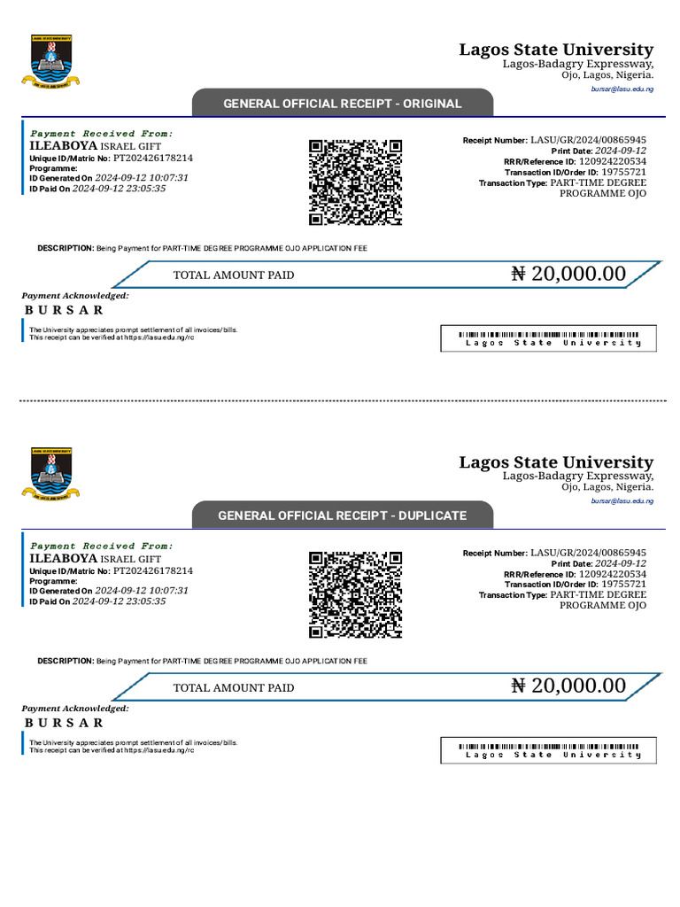 LASU Part-Time Degree Payment Receipt | PDF | Receipt | Payments
