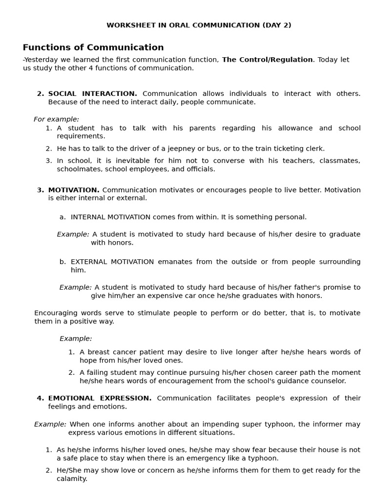Worksheet Day 2 Function of Communication | PDF