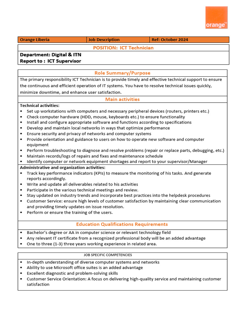 Job Description ICT Technician | PDF