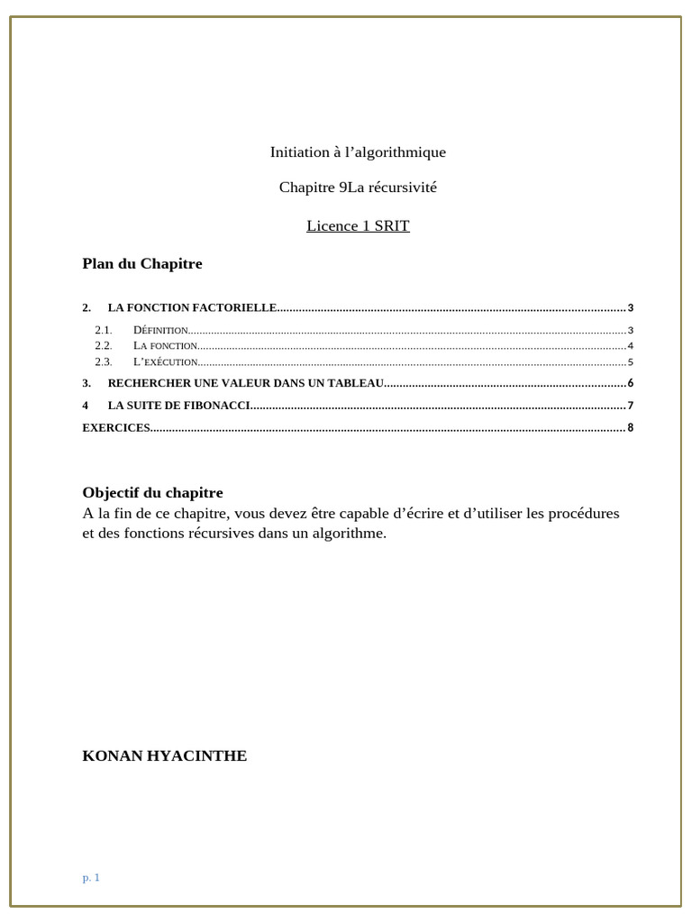 Srit1 Initiation A L'algorithmique 2016 Chapitre 9 La Recursivite | PDF