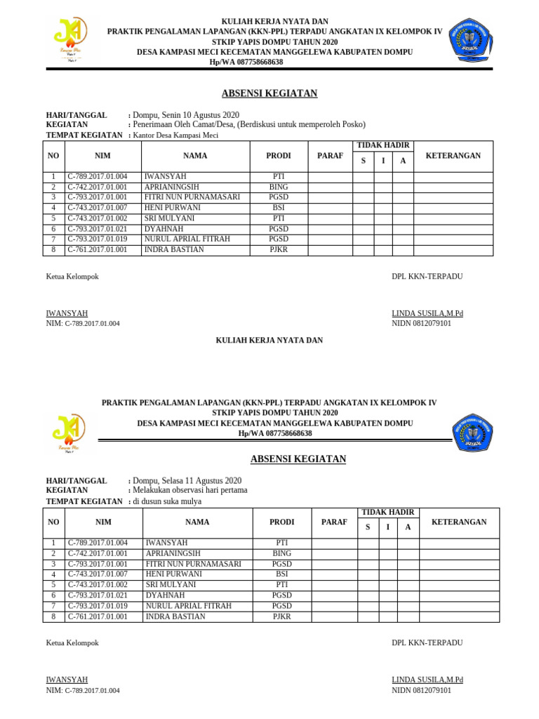 Absen Kegiatan KKN PPL | PDF