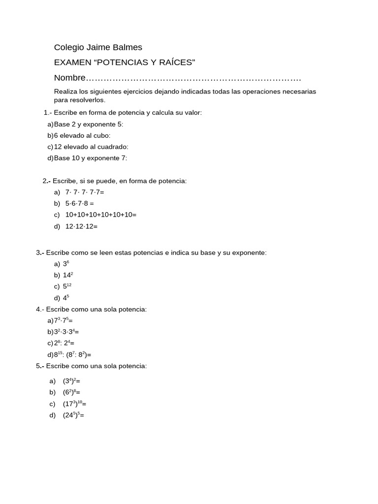 Examen Potencias y Raices | PDF