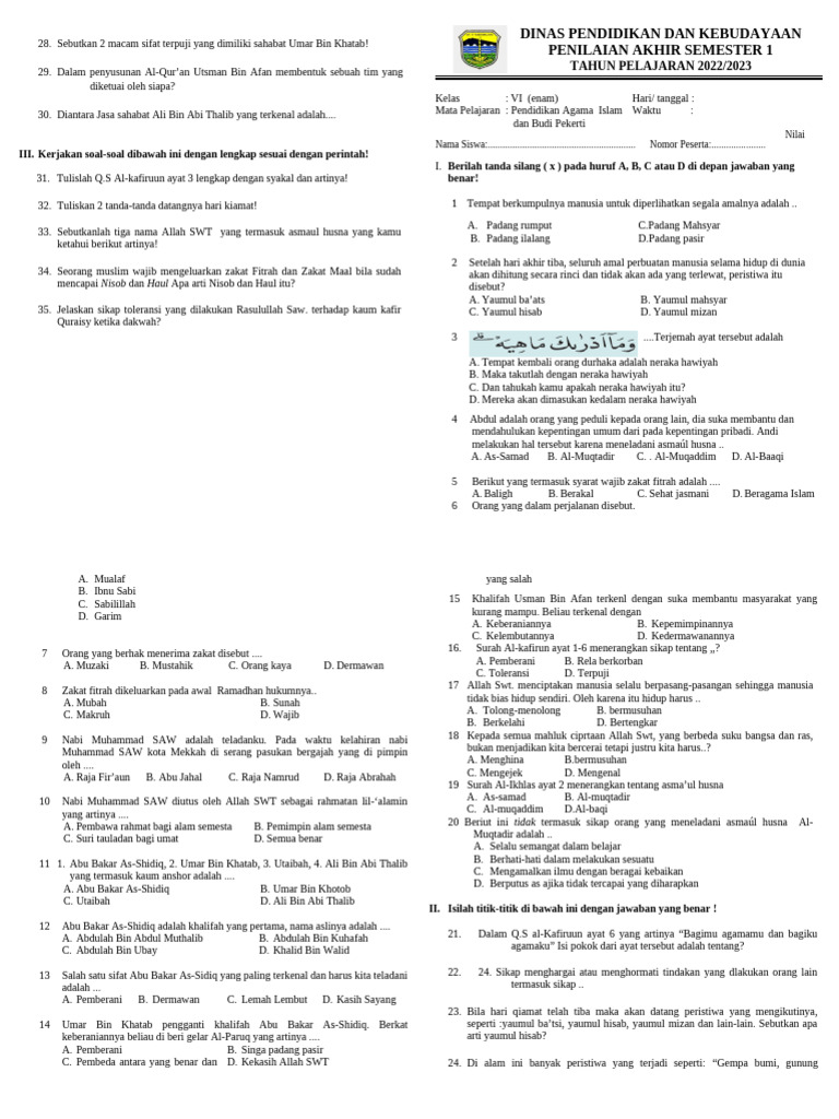 Soal Pas Pai Kls Vi 2022 | PDF