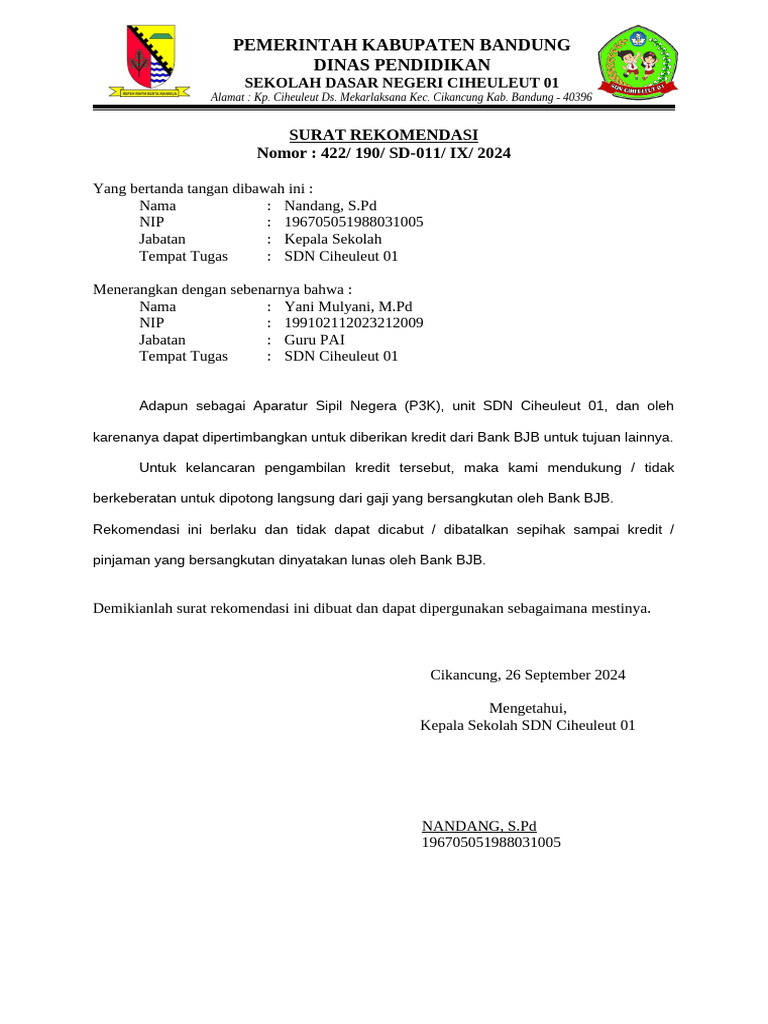Surat Rekomendasi Pinjaman Bank BJB | PDF