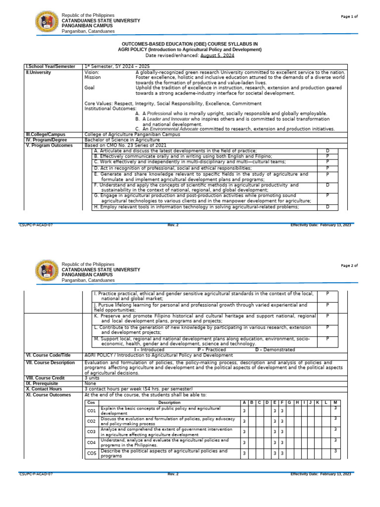 OBE Syllabus: Agricultural Policy Course | PDF | Learning | Policy