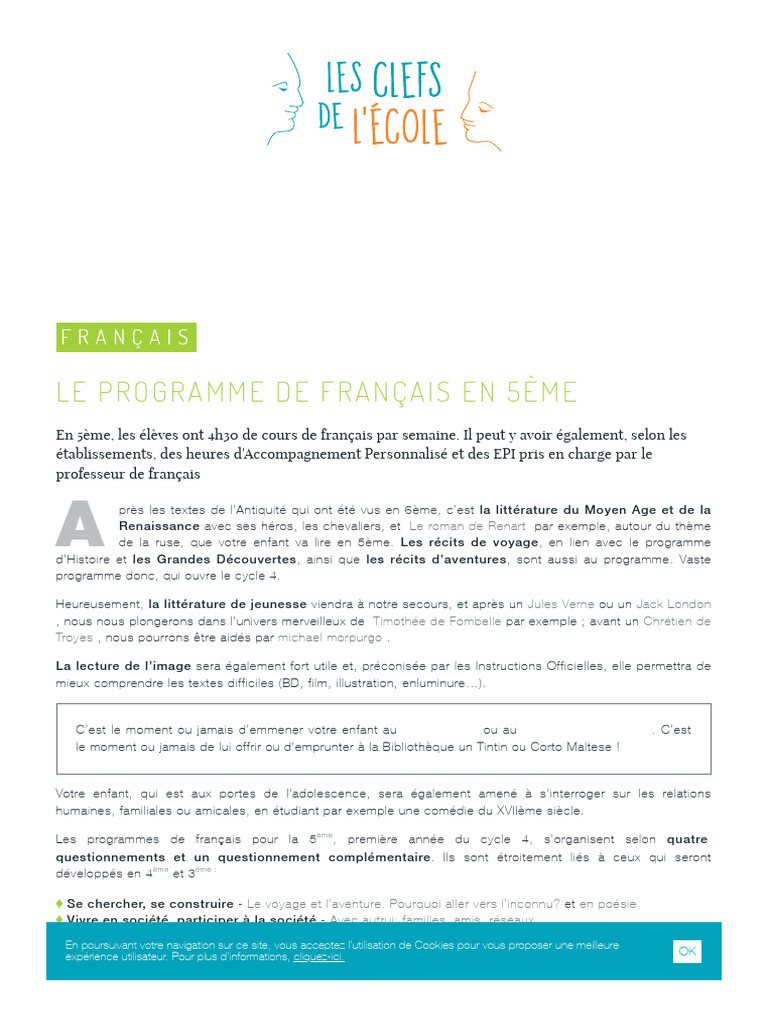 Le Programme de Français en 5ème - Les Clefs de L'école | PDF