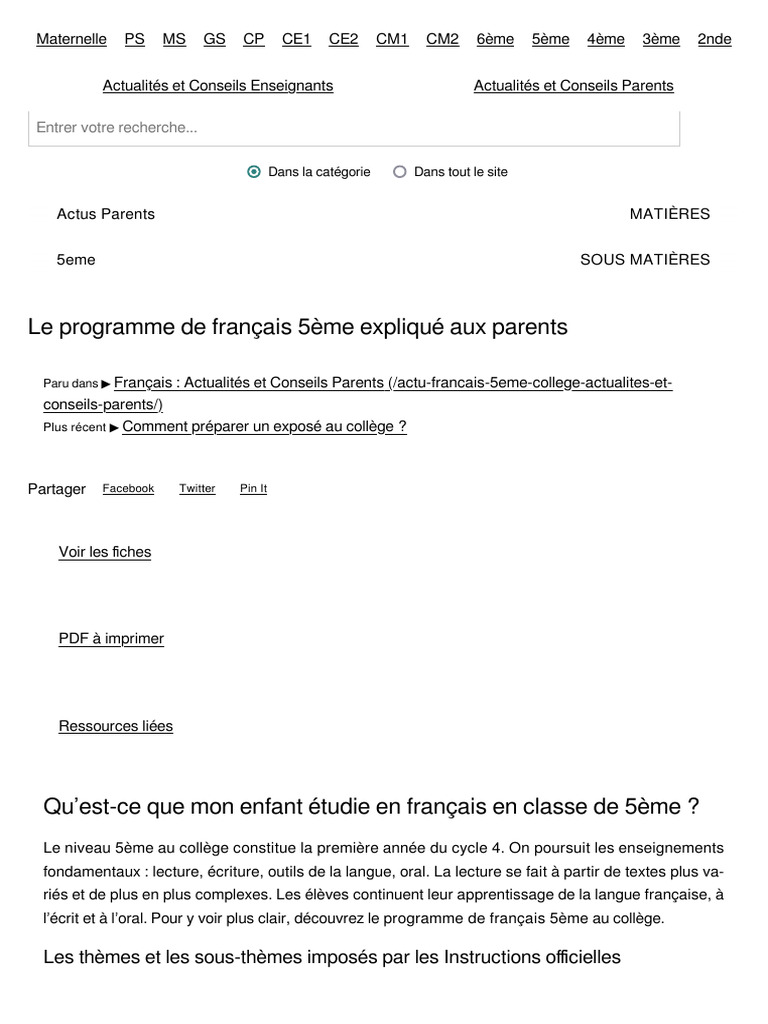 Le Programme de Français 5ème Expliqué Aux Parents | PDF