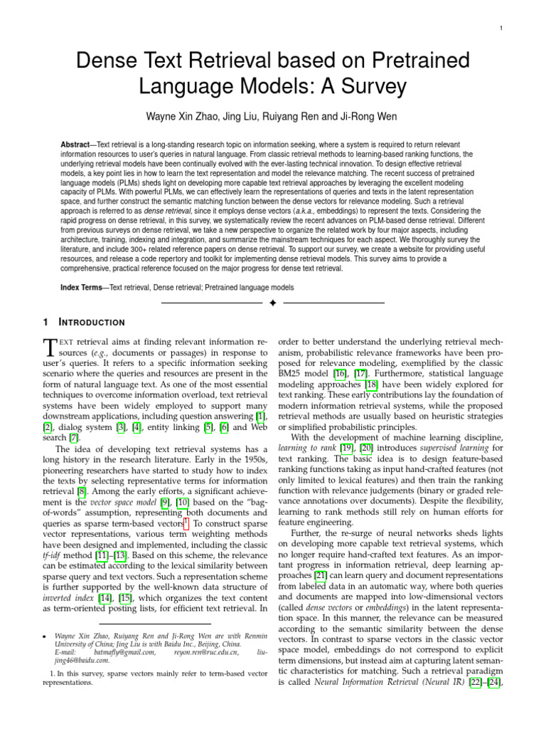 Dense Text Retrieval Based On Pretrained Language Models: A Survey | PDF