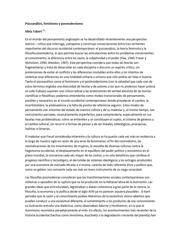 Psicoanálisis, Feminismo y Post-Modernismo Silvia Tubert | PDF