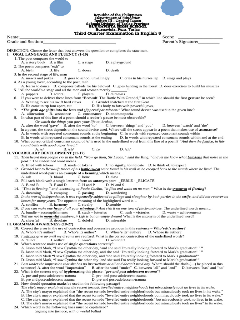 1stq g9 Exam Tos Sy24-25 | PDF | Cherry | Punctuation