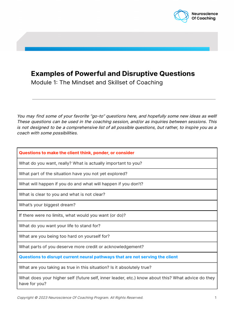 2023 NoC Module 1 Powerful and Disruptive Questions Handout - Docx 2 | PDF