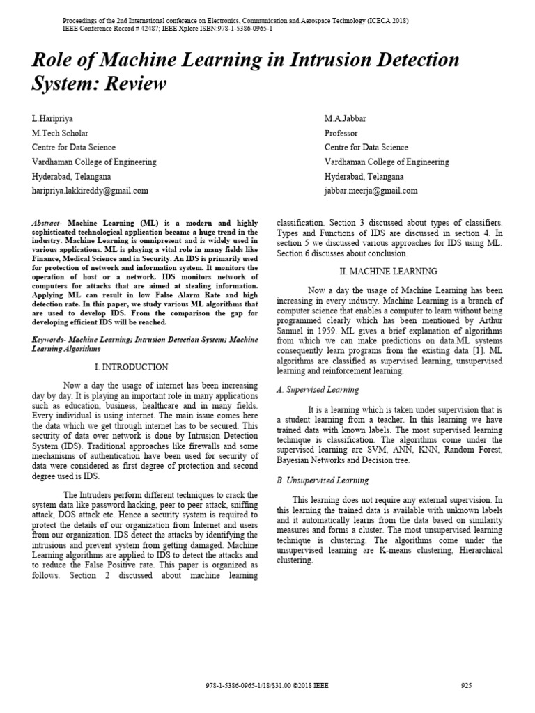 Role of Machine Learning in Intrusion Detection System: Review | PDF