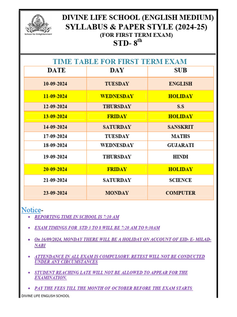 8th STD Time Table | PDF