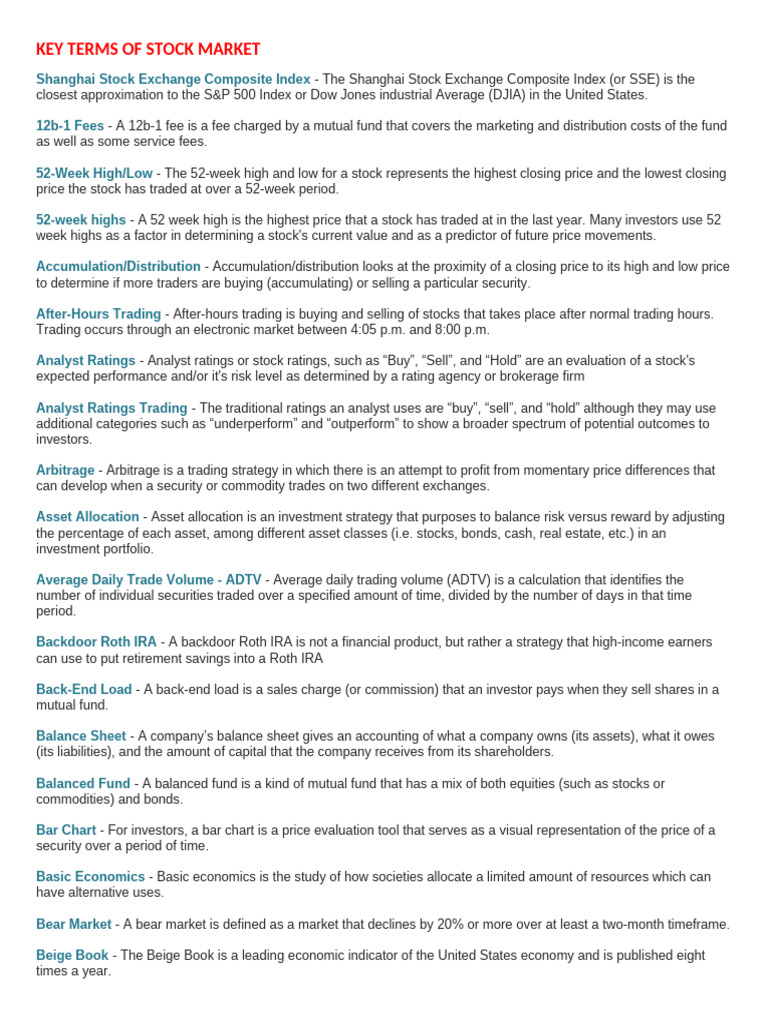 Key Terms of Stock Market | PDF