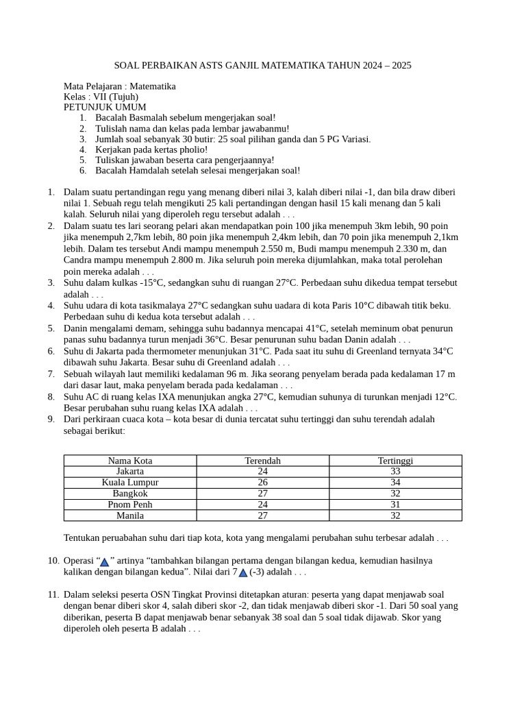 Soal Perbaikan Asts Ganjil Matematika Tahun 2024 | PDF