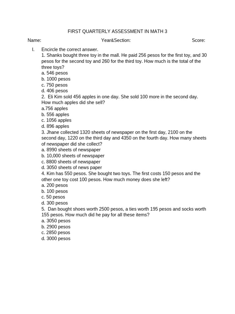 First Quarterly Assessment in Math 3 | PDF