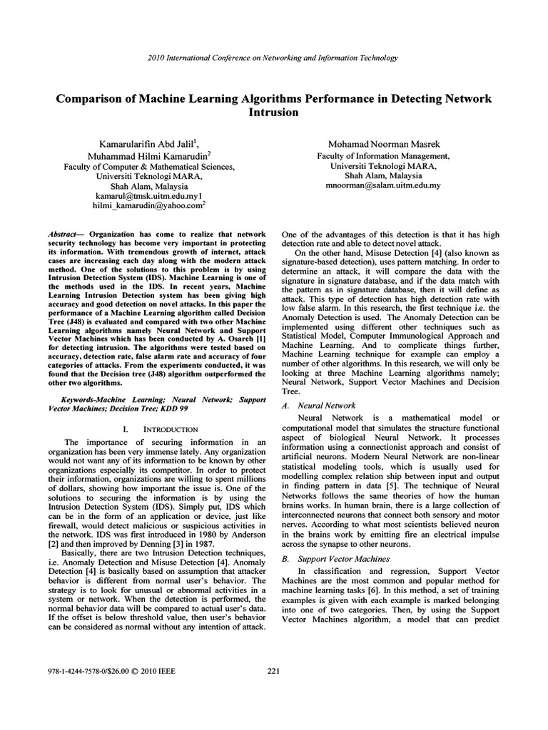 Comparison of Machine Learning Algorithms Performance in Detecting Network Intrusion | PDF