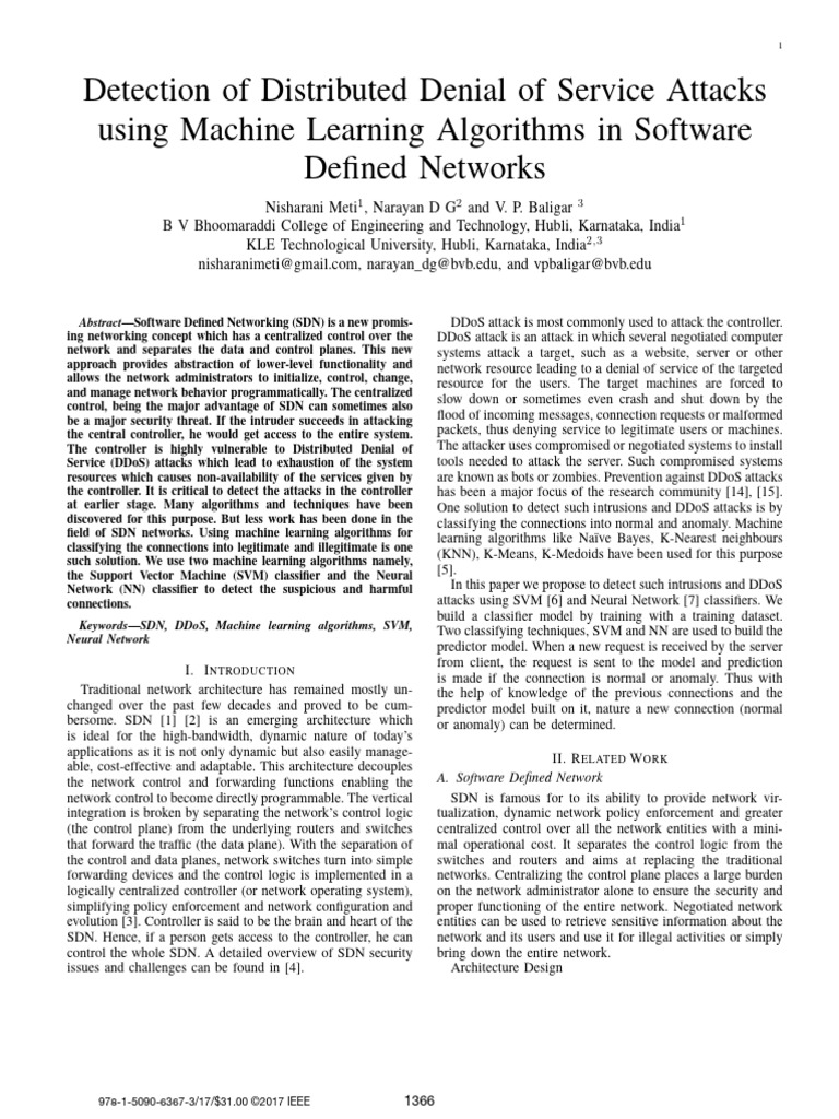 Detection Of Distributed Denial Of Service Attacks Using Machine Learning Algorithms In Software